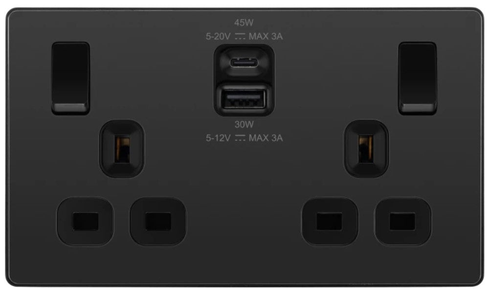 Evolve Polycarbonate Black Chrome 13A Double USB Socket with 45W A+C ...