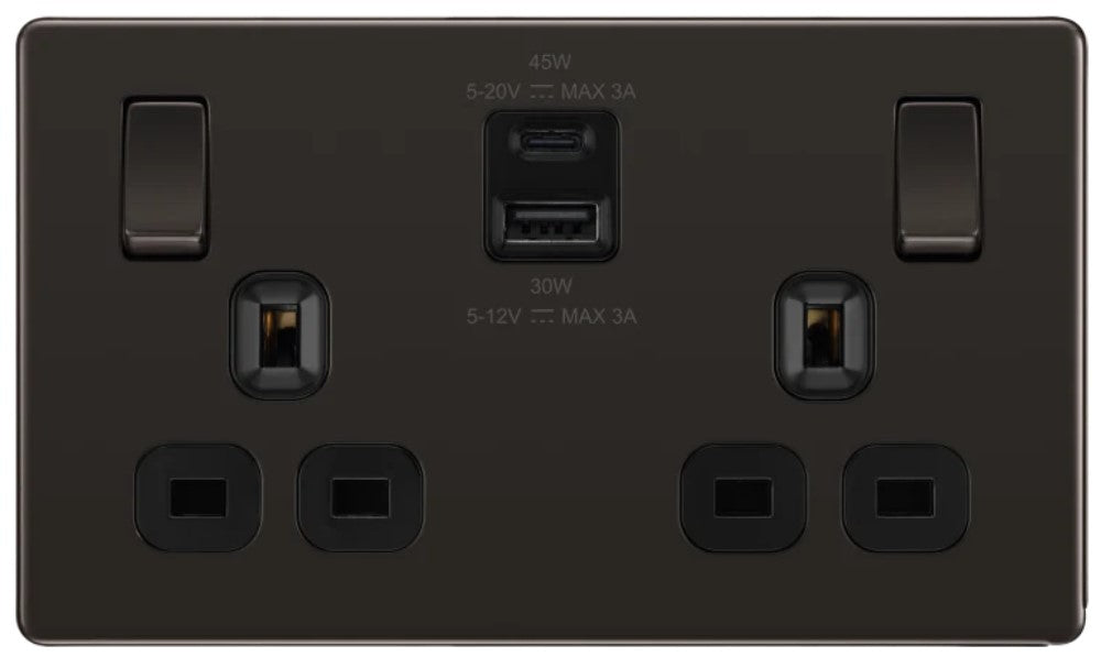 BG Screwless Black Nickel 13A Double USB 45W A+C Ports FBN22UAC45B ...