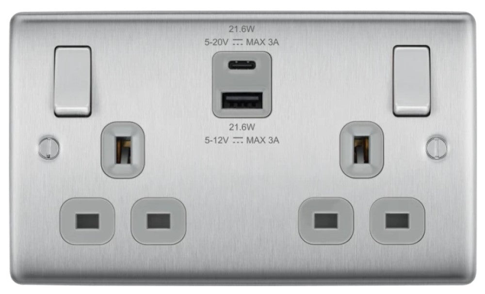Nexus Metal Brushed Steel Double 22W A+C USB Socket NBS22UAC22G | The ...