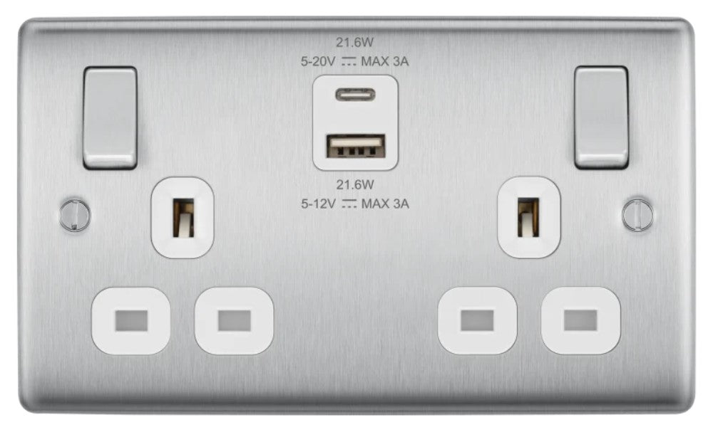 Nexus Metal Brushed Steel Double 22W A+C USB Socket NBS22UAC22W | The ...