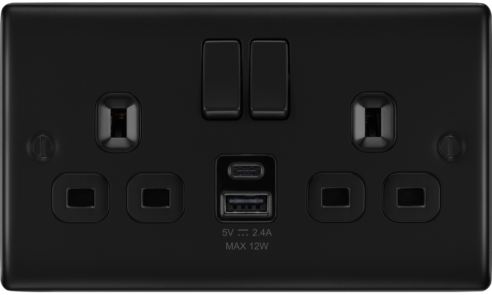BG Nexus Metal Matt Black 13A Double USB Socket with 12W A+C ...