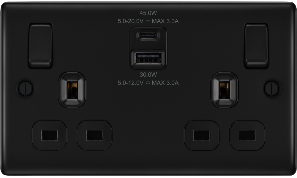 BG Nexus Metal Matt Black 13A Double USB Socket with 45W A+C ...