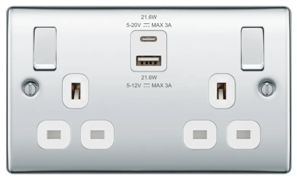 Nexus Metal Polished Chrome 13A Double USB Socket with 22W A+C Ports ...