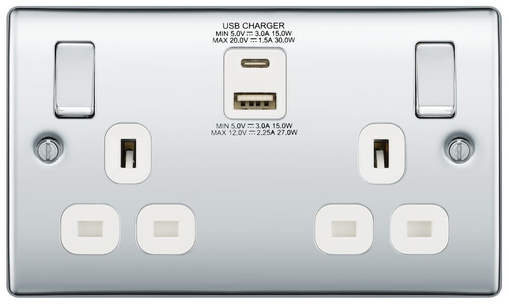 Nexus Metal Polished Chrome 13A Double USB Socket with 45W A+C Ports ...