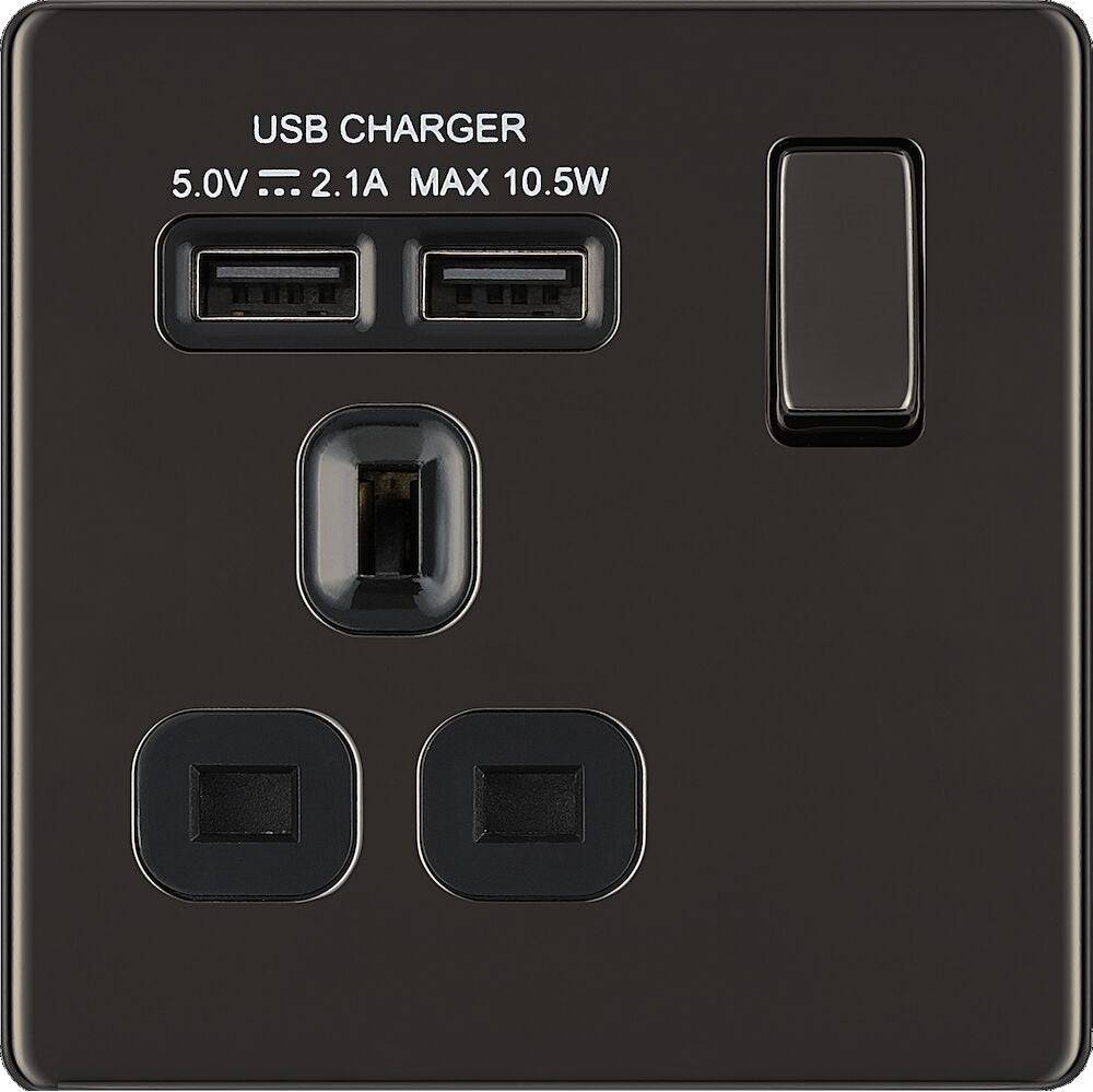 BG Screwless Black Nickel Single USB Socket FBN21U2B | The Switch Depot