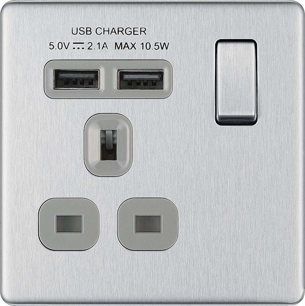 BG Screwless Brushed Steel Single USB Socket FBS21U2G | The Switch Depot