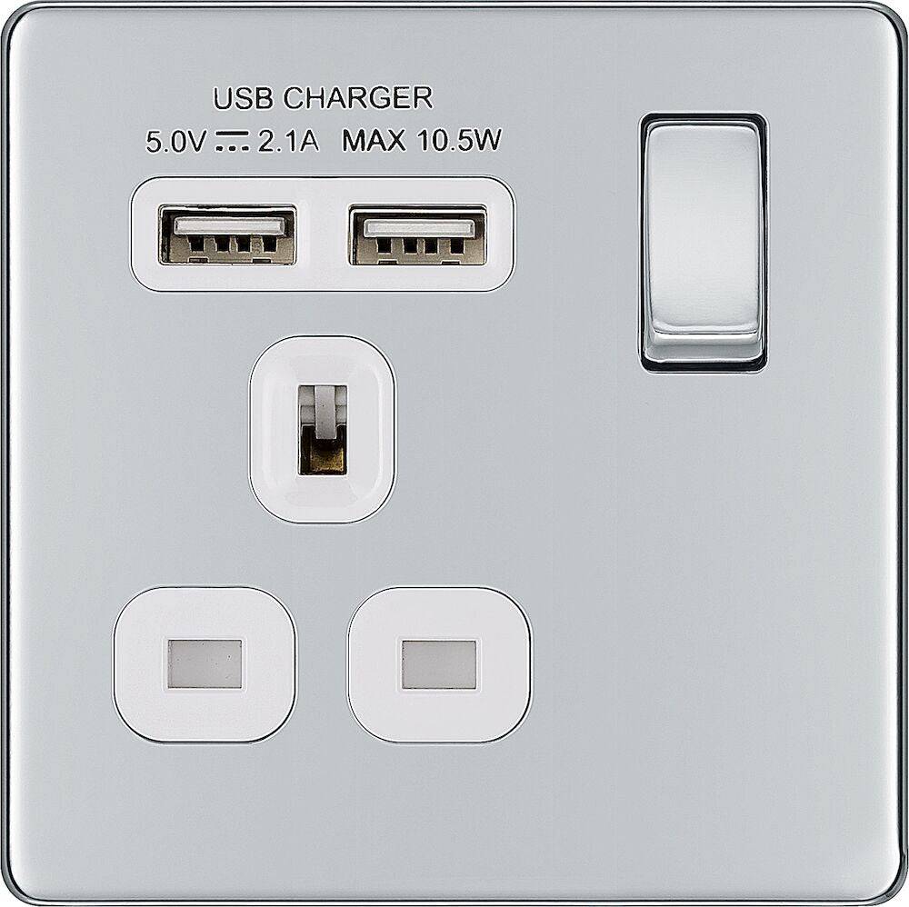 BG Screwless Polished Chrome Single USB Socket FPC21U2W | The Switch Depot