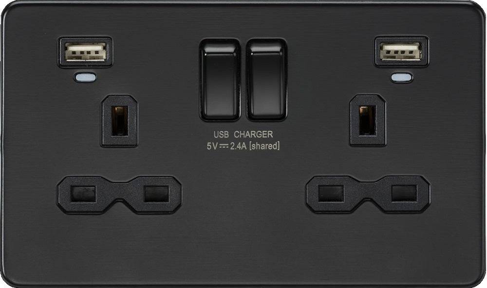 Knightsbridge Screwless Matt Black Double USB Socket with Neon ...